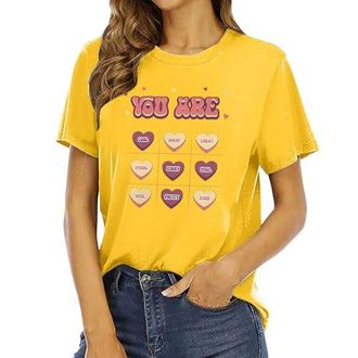 Generic T-shirt d&eacute;contract&eacute; &agrave; manches courtes pour femme Motif Saint-Valentin 2026, jaune, XXL
