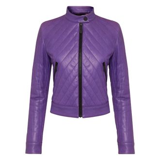 Philipp Plein Femme, Vestes, Violet, Taille: 42 FR Veste de motard en cuir matelass&eacute; rembourr&eacute;e et courte