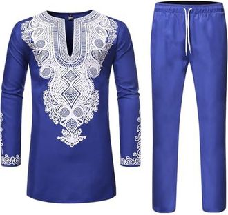 Generico Thobe Ensemble de vêtements africains pour homme Haut et pantalon 2 pièces Ensemble de vêtements africains avec imprimé Dashiki africain, bleu, XXXL