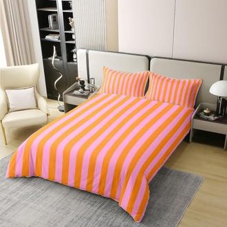 Generic Housse de Couette 220x240 Rose et Orange Parure de Lit 2 Personnes Rayures Imprimée 3D Microfibre Douce Rayures Roses et Orange Housse Couette Réversi
