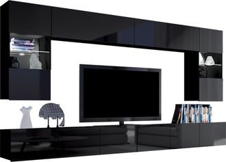 Mirjan24 Moderne Wohnwand Calabrini I, Anbauwand, Mediawand, Hängevitrine, TV Lowboard, Wandregal, Wohnzimmerschrank, Fernsehschrank (mit weißer LED Beleuchtun