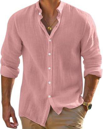 Onsoyours Chemise Lin Homme Manches Longues Chemise D&eacute;contract&eacute;e Coton Business Chemises Hommes Couleur Unie Casual Bouton Shirts Regular Fit A Rose XS