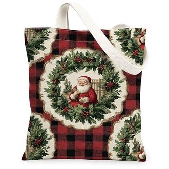 Generic Sacs fourre-tout en toile de No&euml;l, sacs &agrave; provisions r&eacute;utilisables, vintage l&eacute;gers et lavables avec bandouli&egrave;re, Rouge, 13x15 Inch