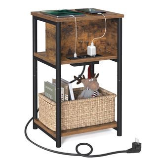 Vasagle Beistelltisch, Nachttisch mit Steckdose, schmal, 2 AC-Anschl&uuml;sse, 2 USB-Anschl&uuml;sse, 30 x 34 x 58 cm, f&uuml;r Wohnzimmer, Schlafzimmer, vintagebraun-schwar