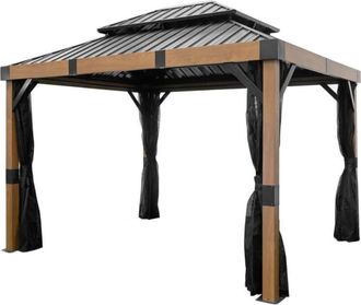 Sojag Sojag Alu Pavillon Fontana 1012 Pavillon Hardtop avec moustiquaire Aspect bois/noir 298x363x310 cm
