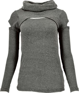 Guru Shop Psytrance Feinstrick Langarmshirt mit Offenen Schultern, Rollkragen - Grau, Damen, Baumwolle, Size:S