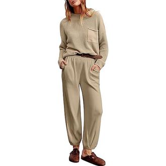 Generic Ensemble de surv&ecirc;tement d&eacute;contract&eacute; en coton et lin pour femme - Chemise de couleur unie - Pantalon large - Combinaison de loisirs pour femme, kaki, X