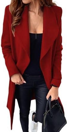 Generic Manteau dhiver mi-long pour femme, style portefeuille, avec ceinture, &eacute;pais, style caban, robe chaude, v&ecirc;tements dext&eacute;rieur avec poches, rouge bordeau