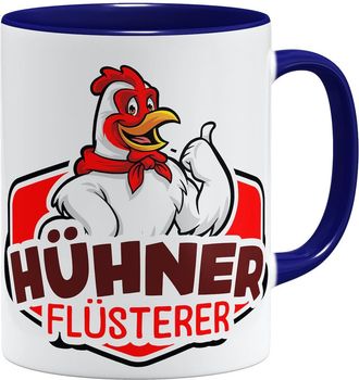 OM3 H&uuml;hnerfl&uuml;sterer Tasse Farmer H&uuml;hner Fl&uuml;sterer Huhn Hahn IV - Keramik Becher - 11oz 325ml - Beidseitig Bedruckt - Dunkelblau
