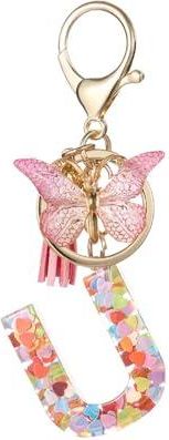 Generic Porte-cl&eacute;s en r&eacute;sine paillet&eacute;e 26 lettres avec papillon pompon porte-cl&eacute;s crochet, u, taille unique