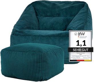 Icon Brand Natalia Sitzsack Sessel mit Hocker für Erwachsene, Blaugrün, Flauschiger Cord Stoff, Riesen Sitzsack Cord mit Füllung, Bean Bag Chair, Bequemer Sessel