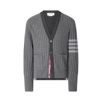 Thom Browne Homme, Pulls, Gris, Taille: L Cardigan en maille torsad&eacute;e &agrave; col en V