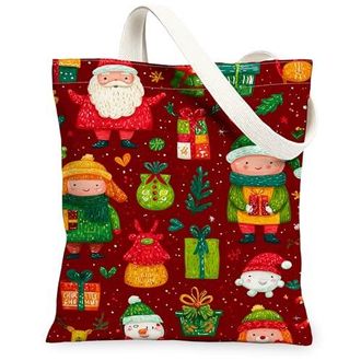 Generic Sacs fourre-tout en toile avec personnages de No&euml;l, motifs de vacances amusants, l&eacute;gers, lavables et r&eacute;utilisables pour le shopping, les voyages, Roug