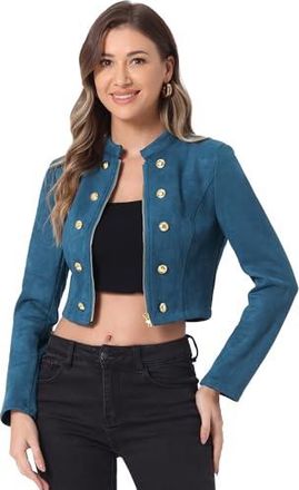 Allegra K Veste courte à manches longues et col montant en simili daim pour femme Lac Bleu XS