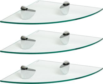Harbour Housewares 3X Klar 30cm Schwebende Eckregale aus Glas - Badezimmer Dusche K&uuml;che Regale Lagerung Anzeigeeinheit mit Silberne Klammern