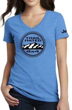 Jeep T-shirt en coton et polyester &agrave; col en V pour femme | T-shirt &eacute;l&eacute;gant pour fille, Bleu turquoise chin&eacute;, Taille L