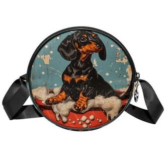 Generic Petit sac &agrave; bandouli&egrave;re circulaire pour femme, motif teckel, petit sac &agrave; bandouli&egrave;re avec fermeture &eacute;clair, bretelles r&eacute;glables, sac &agrave; main rond d&eacute;con