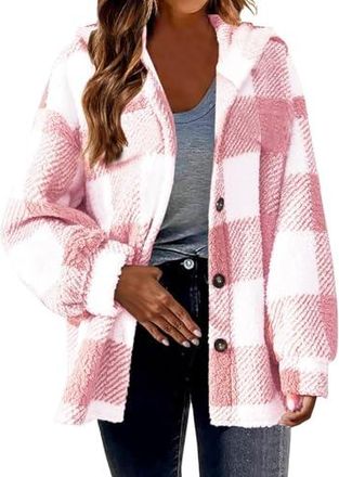 Generic Shacket Femme Oversized &agrave; Carreaux Sherpa - Cardigan Boutonn&eacute; Polaire Doux, V&ecirc;tement Ext&eacute;rieur Grande Taille Chaud Poches Pratiques(Red, XXXXXL)