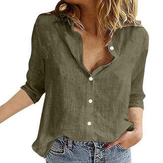Generic Chemises d&eacute;t&eacute; en coton et lin &agrave; manches 3/4 boutonn&eacute;es pour femme - Tunique d&eacute;contract&eacute;e et ample - V&ecirc;tements tendance 2026, Vert, 5XL