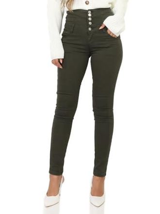 La Modeuse Jeans-Jeans Skinny Taille Haute Kaki avec 5 Poches et Passants pour Ceinture