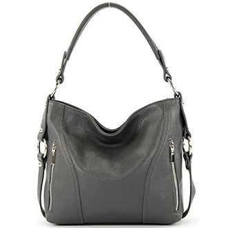 modamoda.de T202 - Sac à bandoulière/poignée italienne pour femme en cuir, Couleur:gris graphite