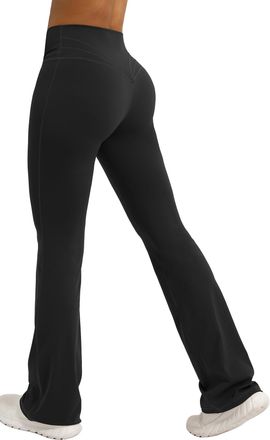 Feoya Damen Flare Leggings Bootcut Lange Schlaghose Yogahose V Cross Taille Bell Bottom Stretch Fitnesshose Sporthose Schwarz XXL
