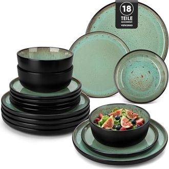 VANCASSO AMBER Service Vaisselle 6 Personnes, Ensemble Assiettes de Table 18 Pi&egrave;ces en Gr&egrave;s - Assiettes Plates, Assiettes &agrave; Dessert et Bols - Adapt&eacute; au Micro-O