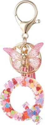 Generic Porte-cl&eacute;s en r&eacute;sine paillet&eacute;e 26 lettres avec papillon pompon porte-cl&eacute;s crochet, Q, taille unique