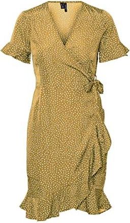 Vero Moda VMHENNA 2/4 Wrap Frill Dress Noos Robes Courtes, Harvest Gold/AOP:Tiny Dots, M aux Femmes