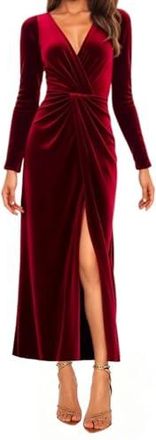 Minetom Robe Velours Femme Longue Hiver &Eacute;l&eacute;gante Col V Manches Longues C&eacute;r&eacute;monie Cocktail Mariage Soir&eacute;e F&ecirc;te Dress A Rouge L