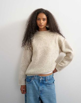Topshop grob gestrickter Pullover aus Wollmix mit Rollkante in Haferfarbe-Neutral