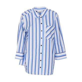 Ganni Femme, Blouses et Chemises, Bleu, Taille: 44 FR Chemise en coton ray&eacute; avec d&eacute;tail logo