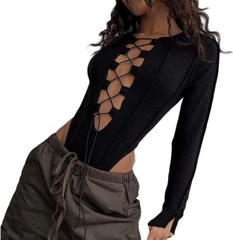 Onsoyours Bodys Damen Rippen Langarm Damenbody Bodysuit Oberteil Sexy Cut Outs Bandage Einfarbig Bodycon Stretch Unterziehbody Outfit Tops Y2k Streetwear f&uuml;r Cl