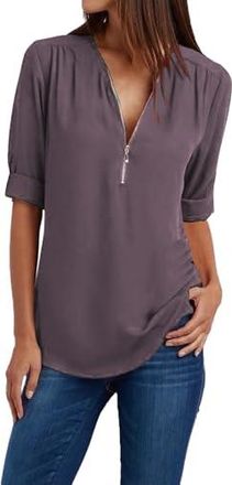 Generic Haut &agrave; manches 3/4 pour femme - Chemisier d&eacute;contract&eacute; &agrave; col en V - Couleur unie - Grande taille - Confortable et doux - Tendance - Polyvalente - Pull 