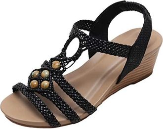 Rismart Femme Lété Sandales Talon Compensé Bout Ouvert Tissé Bohême Chaussures Noir,41 EU