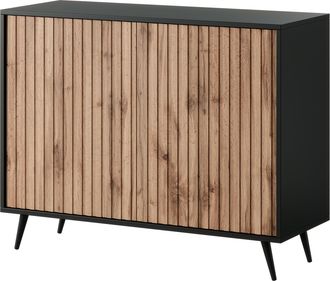 Selsey Bello - Kommode in Schwarz und Wotan Eiche mit Lamellen, goldene Beine, 104 cm breit