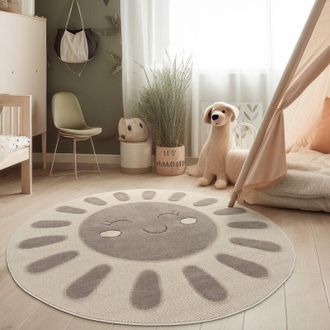 Paco Home Paco Home - Tapis moderne pour chambre denfant Tapis de jeu doux Effet 3D Tons naturels 160 cm rond, Crème 3