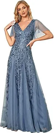 Ever-pretty Robe de Soirée Femme Longue Robe à Tulle PaillettesA Line Manches Courtes Évasées Col V Bleu Denim 54