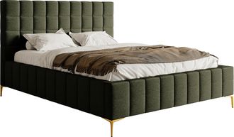 Selsey Bett Polsterbett Doppelbett 160 x 200 cm Mit Bettkasten Metallrahmen Goldene Beine Gasdruckfeder Schlafbett Chenille Olivengr&uuml;n Szejlo
