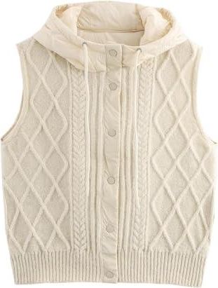 Generic Gilet matelass&eacute; &agrave; capuche en tricot pour femme, veste l&eacute;g&egrave;re rembourr&eacute;e sans manches pour femme, gilet chaud dhiver &agrave; capuche en tricot, beige, Taille