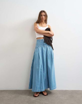 Topshop Jupe longue en denim &agrave; rayures avec empi&egrave;cement pliss&eacute;-multicolore