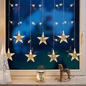 Hellum Lichtervorhang innen mit 137 LEDs und 42 leuchtenden Sternen, 7 Str&auml;nge, Lichterkette innen 1,00 m beleuchtete L&auml;nge, warmwei&szlig;es Licht, mit Timerfunkt