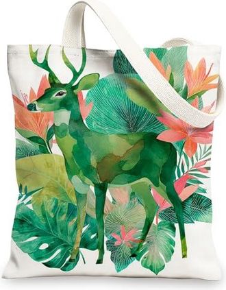 Generic Sacs fourre-tout en toile inspirés de la nature, motif cerf artistique et feuille, sacs de courses réutilisables, respectueux de lenvironnement, léger