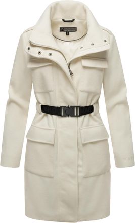 Marikoo Damen lange &Uuml;bergangsjacke Kurzmantel in Woll-Optik mit Tailleng&uuml;rtel Tanokoo 16 Off White Gr. XL