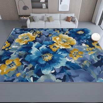Generic Bleu Tapis pour Salon 120 x 170 cm, Lavables avec Dos Antid&eacute;rapant, Tapis &agrave; Poils Courts Imprim&eacute; Abstrait Camouflage Fleurs pour Cuisine Salle &agrave; Mange