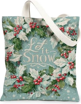 Generic Sacs fourre-tout en toile de houx de No&euml;l, motif floral festif, sacs r&eacute;utilisables, sacs dhiver vintage l&eacute;gers en toile, bleu, 13x15 Inch