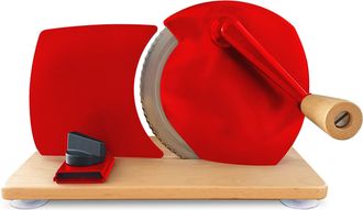 Jupiter Küchenmaschine manueller Allesschneider rot mit Kurbel und Holzplatte 305004