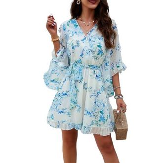 Generic Robe trap&egrave;ze &eacute;l&eacute;gante &agrave; col en V pour femme, manches courtes, motif floral, col en V, robe midi d&eacute;t&eacute;, blanc, XL