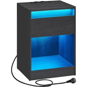 Vasagle Table de Chevet avec Tiroir, Multiprise, Lumi&egrave;res led R&eacute;glables, 2 Prises &Eacute;lectriques, 2 Ports usb, Moderne, Noir Cendr&eacute;