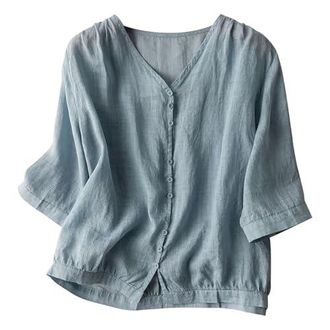 Generic Chemise de plage courte pour femme - Chemise en lin pour femme - Chemisier &agrave; col en V boutonn&eacute; &agrave; manches 1/2 - Doux et &eacute;l&eacute;gant - Chemise &agrave; popover &agrave; b